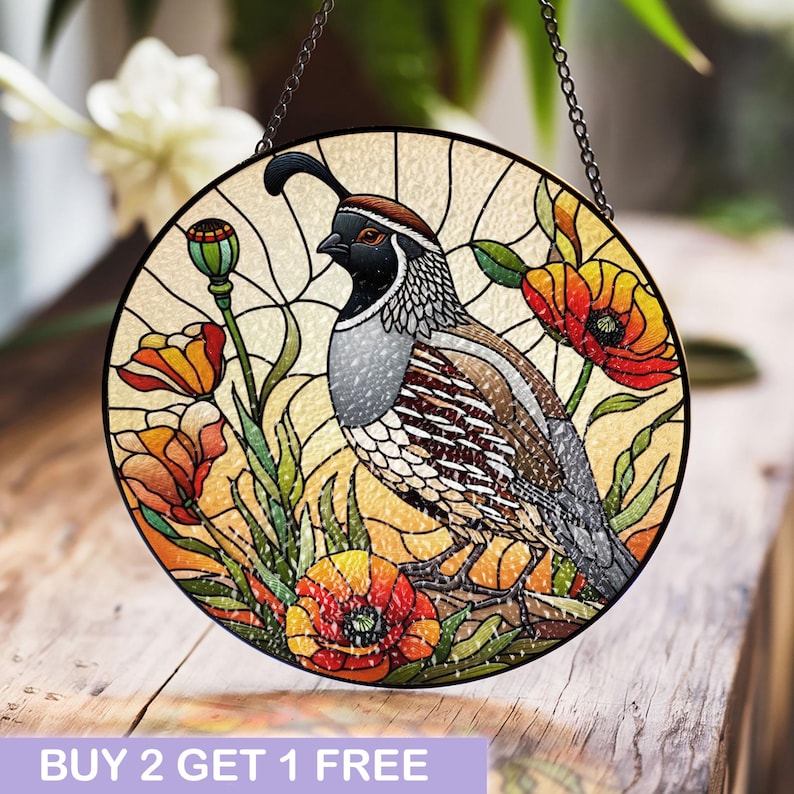 California Quail Stained Glass Suncatcher, Poppy Flower Window Decor ...