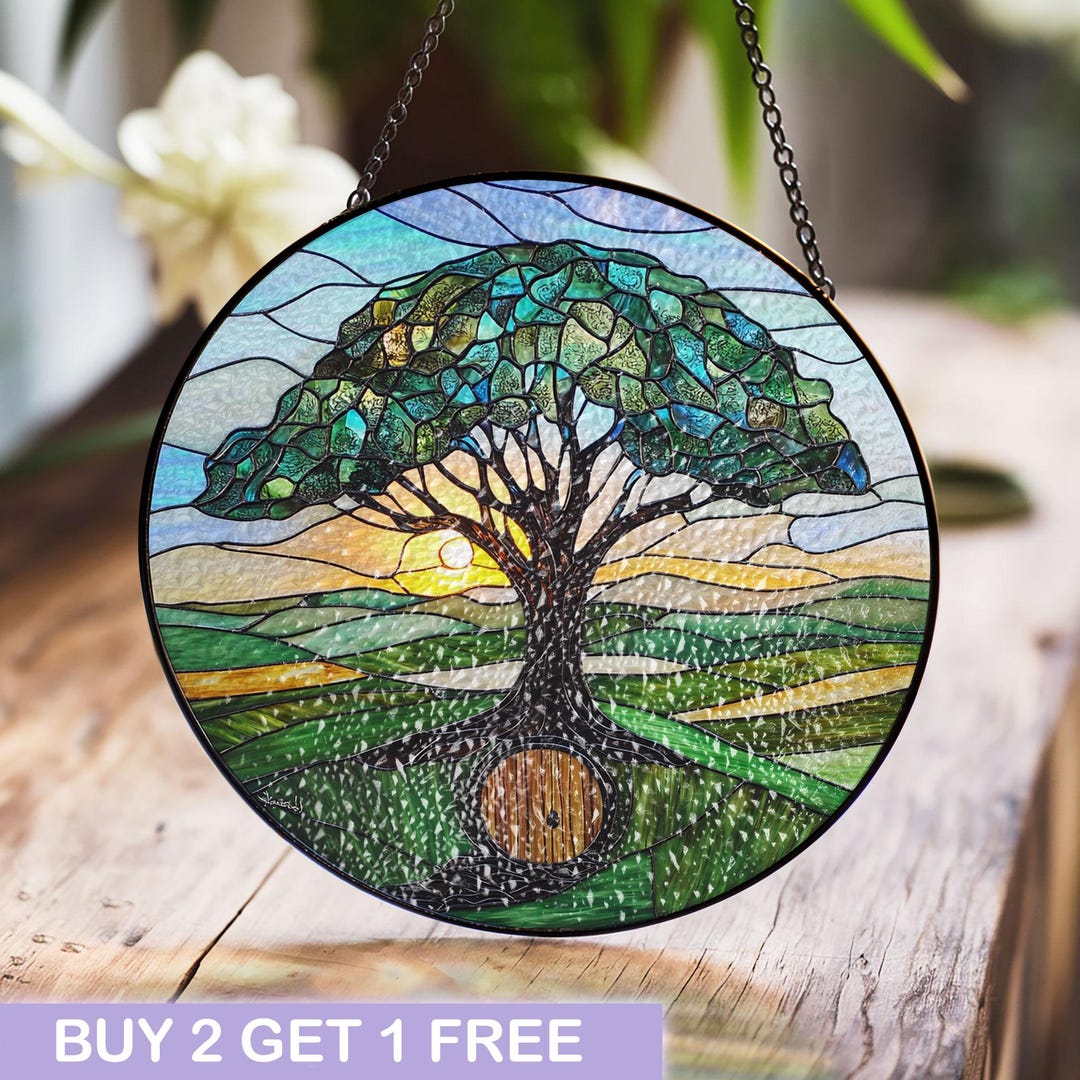Stained Glass Tree of Life With Hobbit Door and Sunset, Unique Nature ...