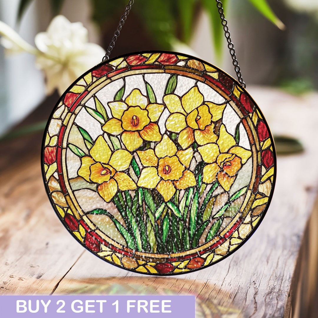 Stained Glass Daffodils Suncatcher – Vibrant Floral Window Hanging Art ...