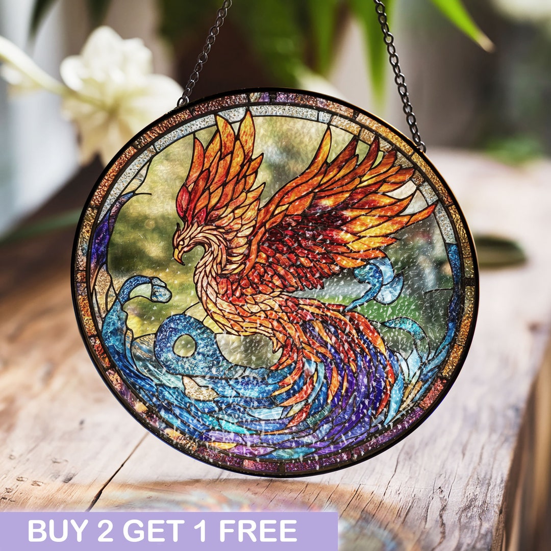 Handcrafted Stained Glass Phoenix Suncatcher – Vibrant Fiery Bird in ...