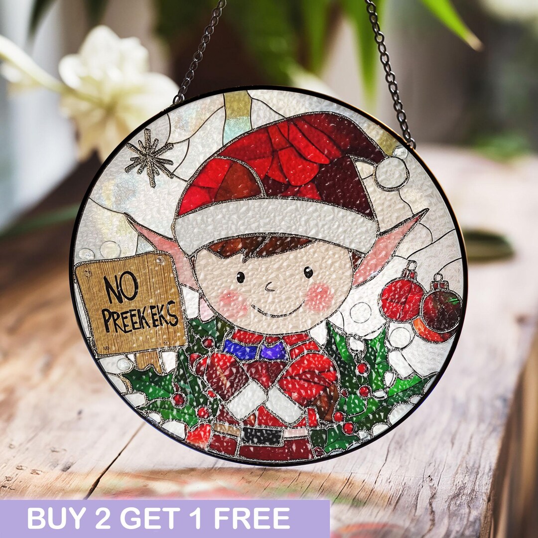Stained Glass Christmas Elf Window Hanging - Festive Holiday Decor With ...