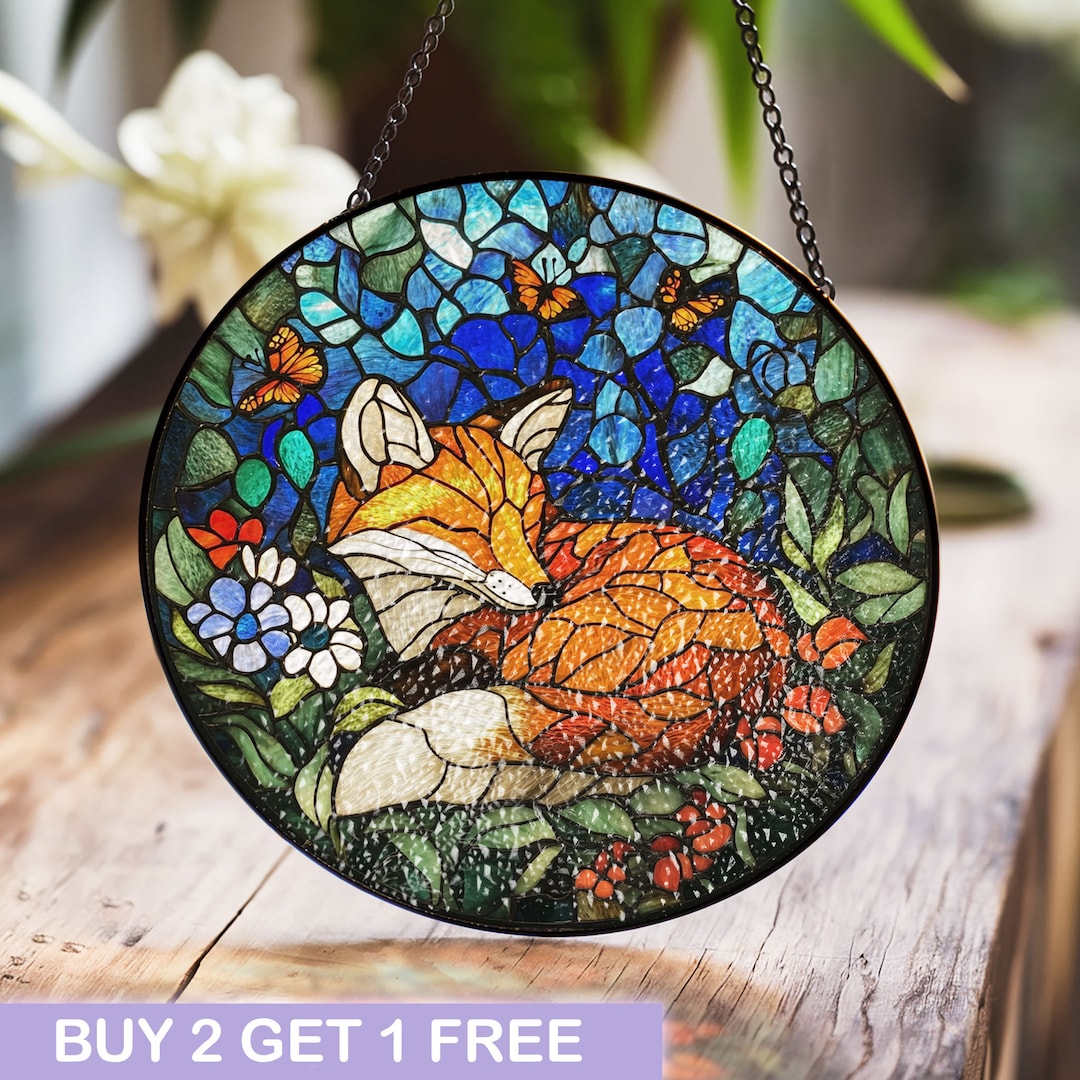Sleeping Fox Stained Glass Window Hanging - Vibrant Nature Scene With ...