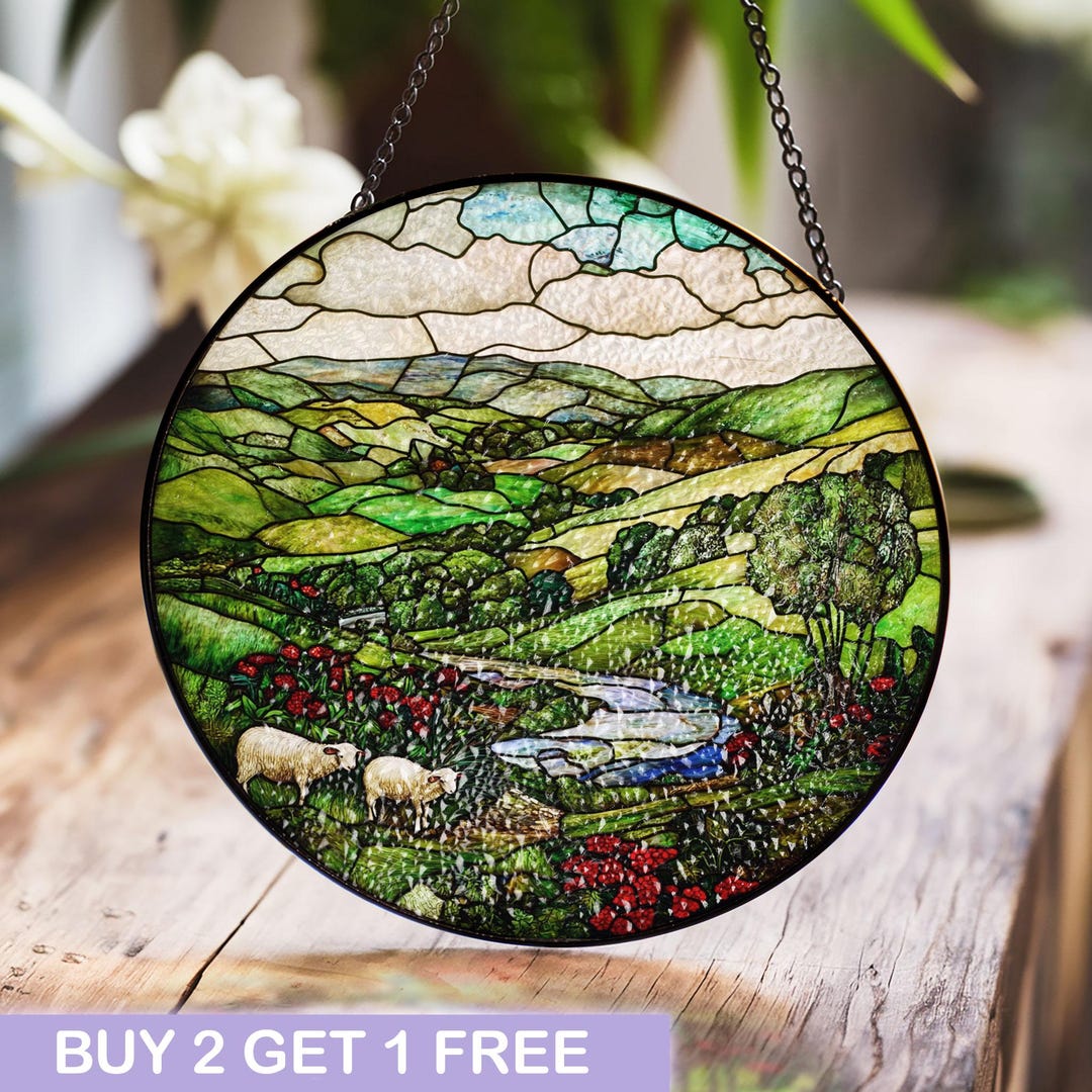 Scenic Countryside Stained Glass Window Hanging With Sheep, Nature ...