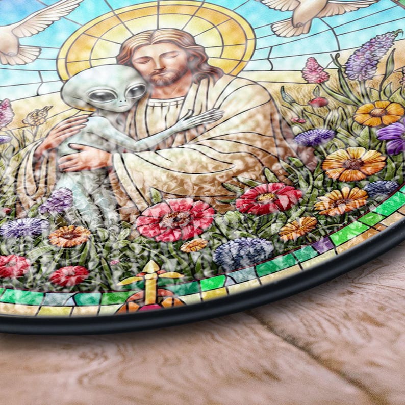 Jesus Hugging Alien Stained Glass Suncatcher, Funny Christian Decor ...