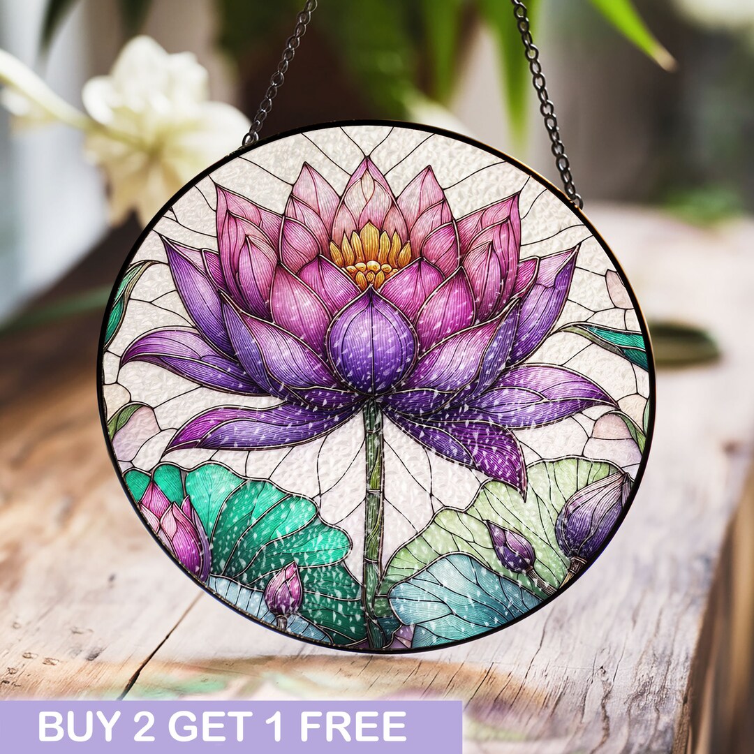 Purple Lotus Stained Glass Suncatcher - Exquisite Window Hanging for ...