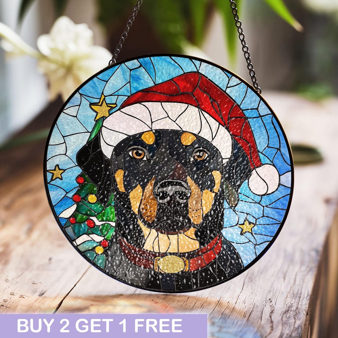 Rottweiler Stained Glass Christmas Panel With Santa Hat and Holiday ...