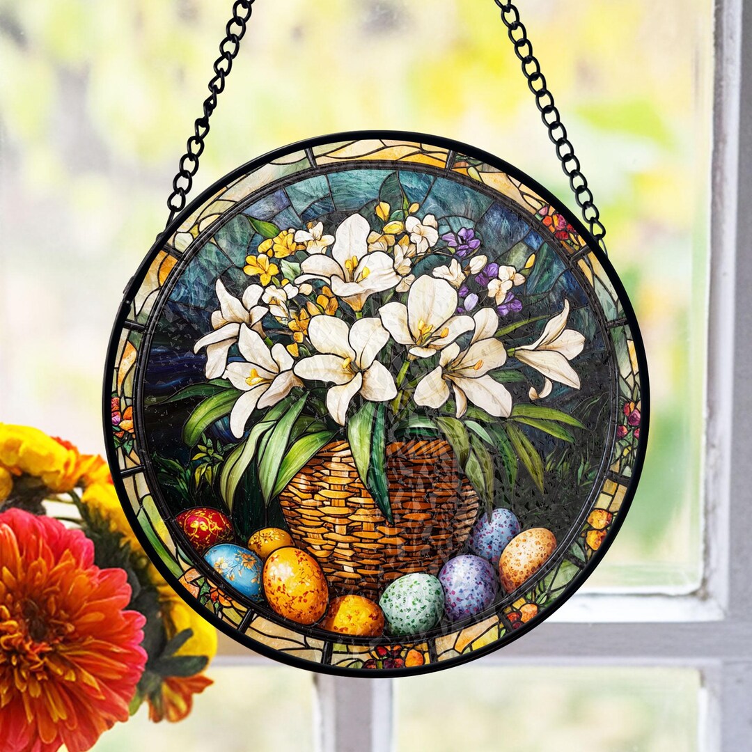 Easter Lily Stained Glass Suncatcher, Floral Basket Window Decor ...