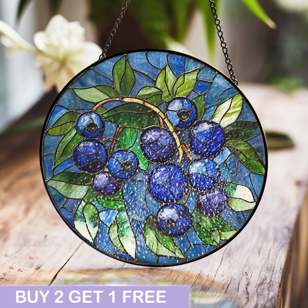 Stained Glass Blueberry Suncatcher, Window Panel Home Decor, Bilberry ...