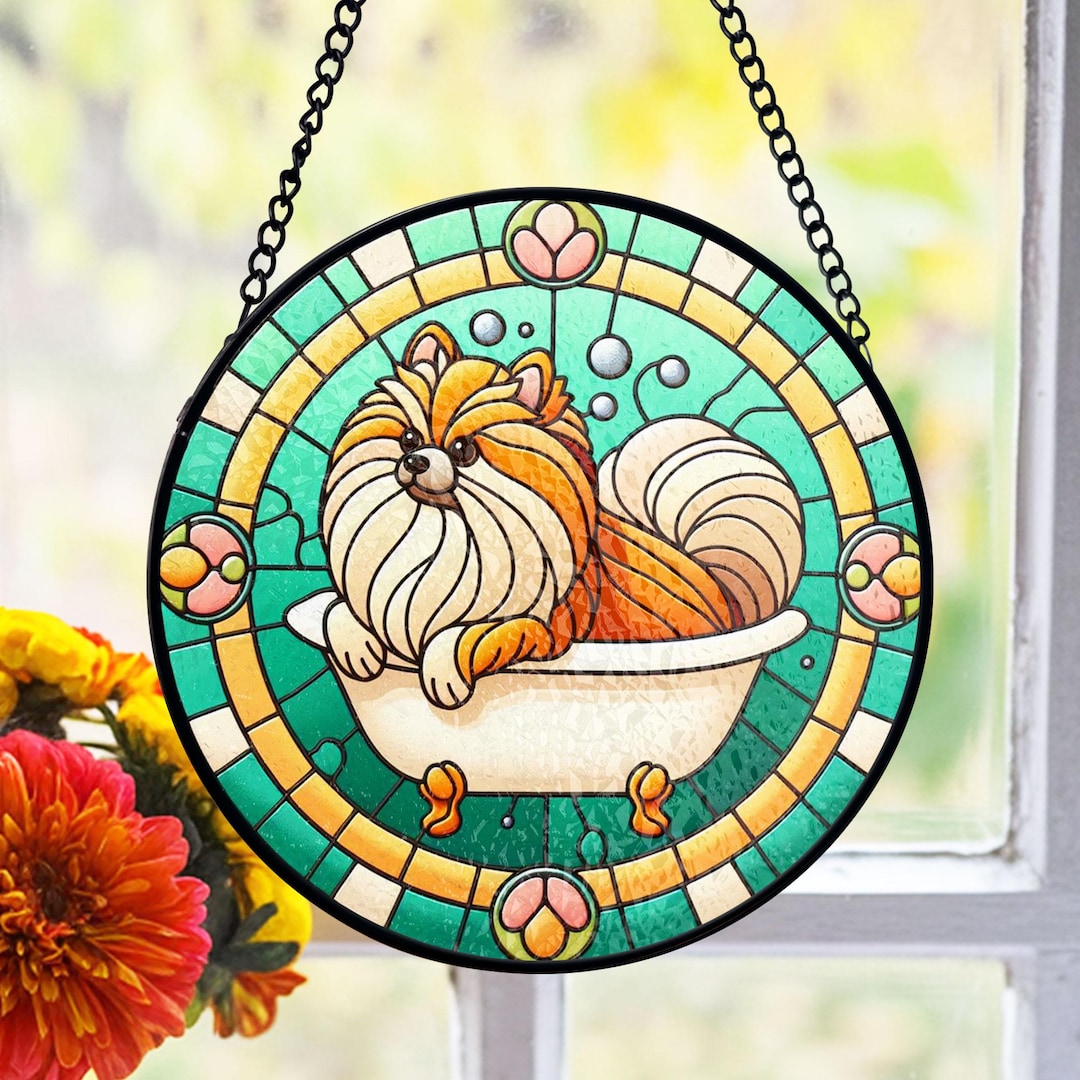 Pomeranian Stained Glass Suncatcher Bath Scene, Cute Dog Window Decor ...