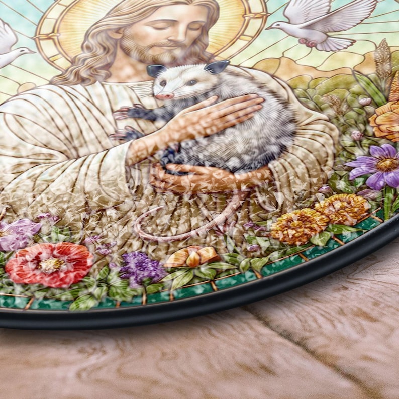 Jesus Hugging Opossum Stained Glass Suncatcher, Funny Christian Decor ...