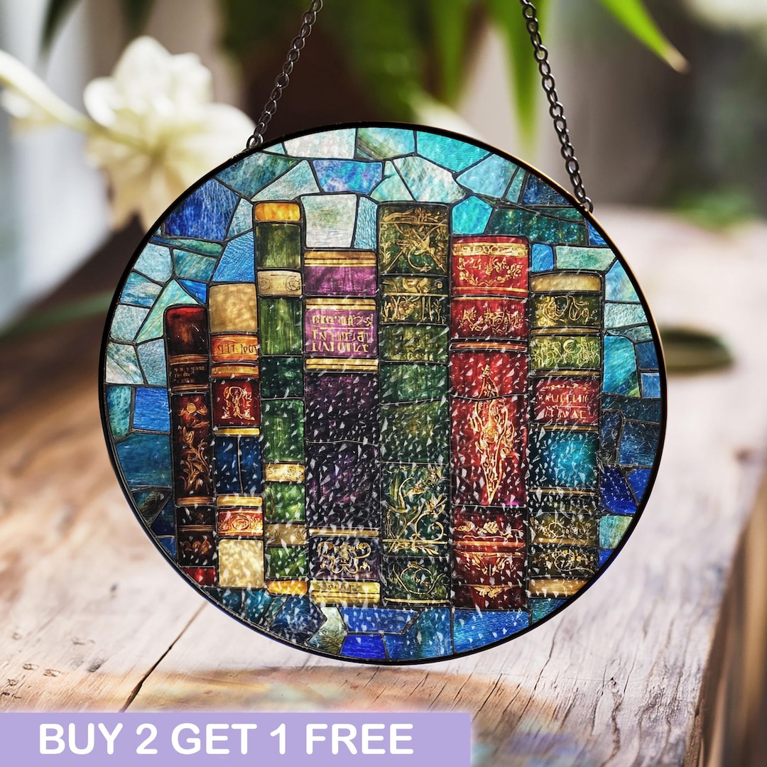 Vintage Books Stained Glass Window Hanging, Colorful Library Decor ...