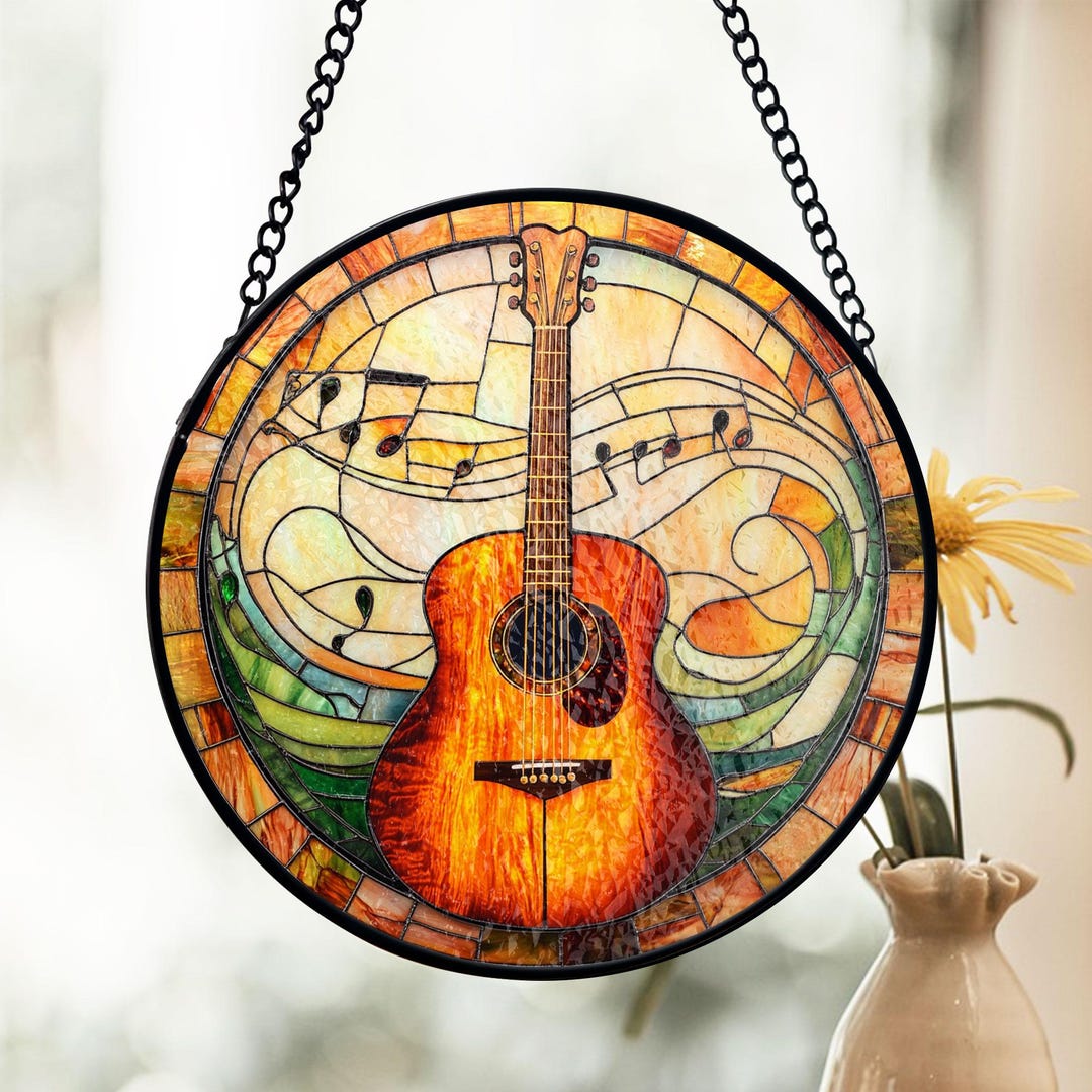 Guitar Stained Glass Suncatcher, Music Lover Window Art, Acoustic ...