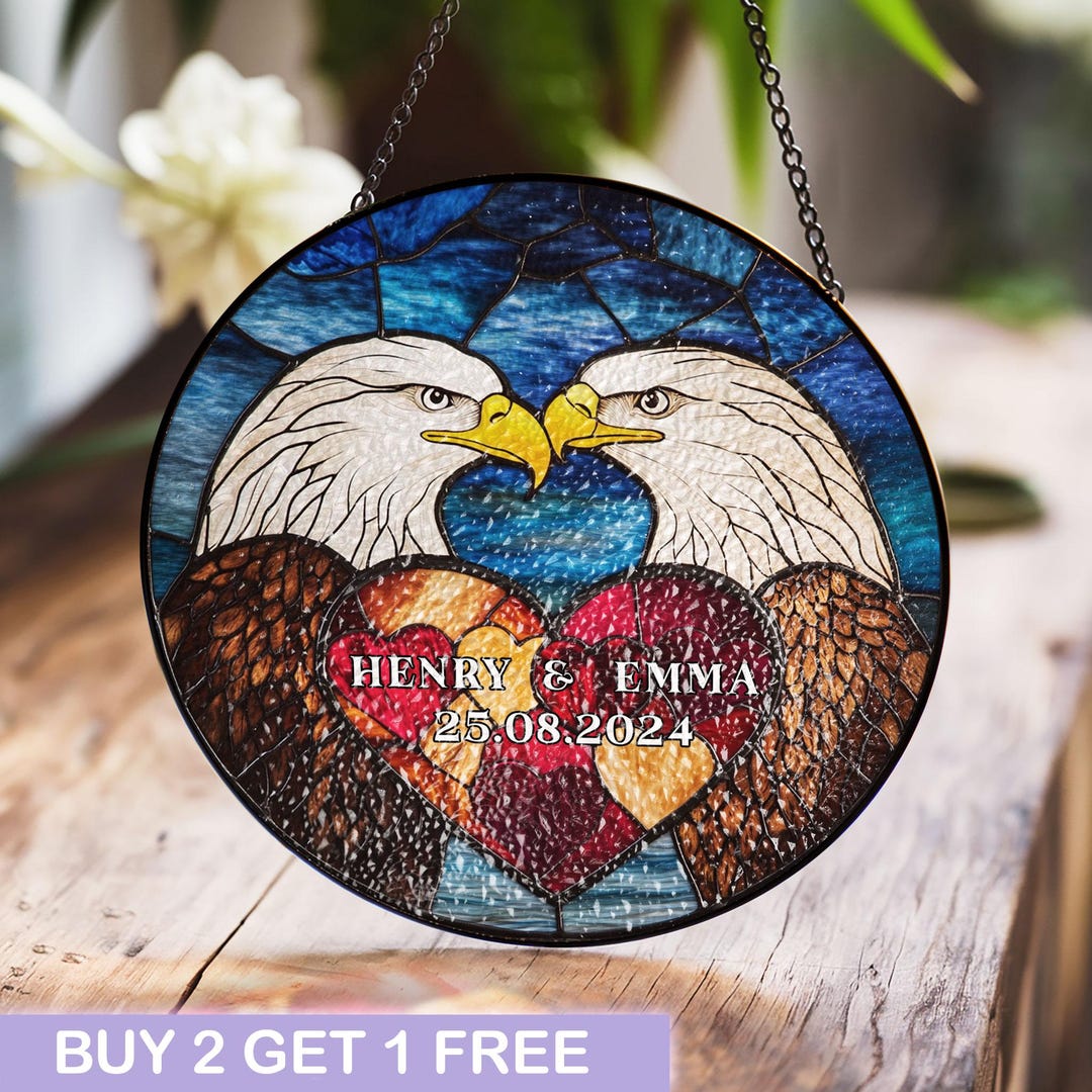 Majestic Eagle Couple Stained Glass Panel With Personalized Names and ...
