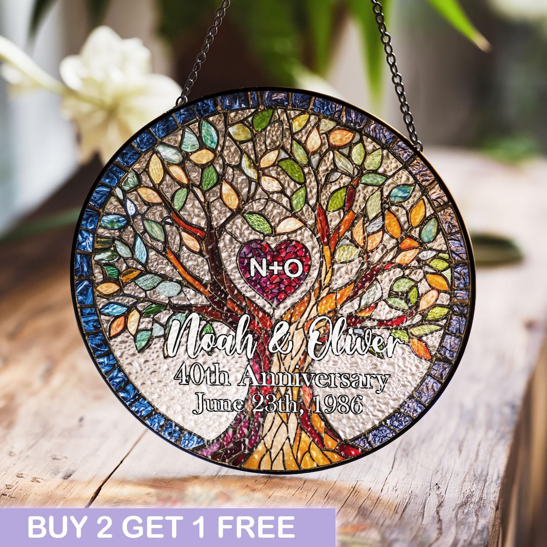 Personalized Heart Tree Stained Glass Panel With Initials and Date ...