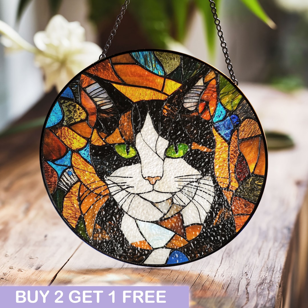 Striking Calico Cat Stained Glass Panel – Unique Feline Art With ...