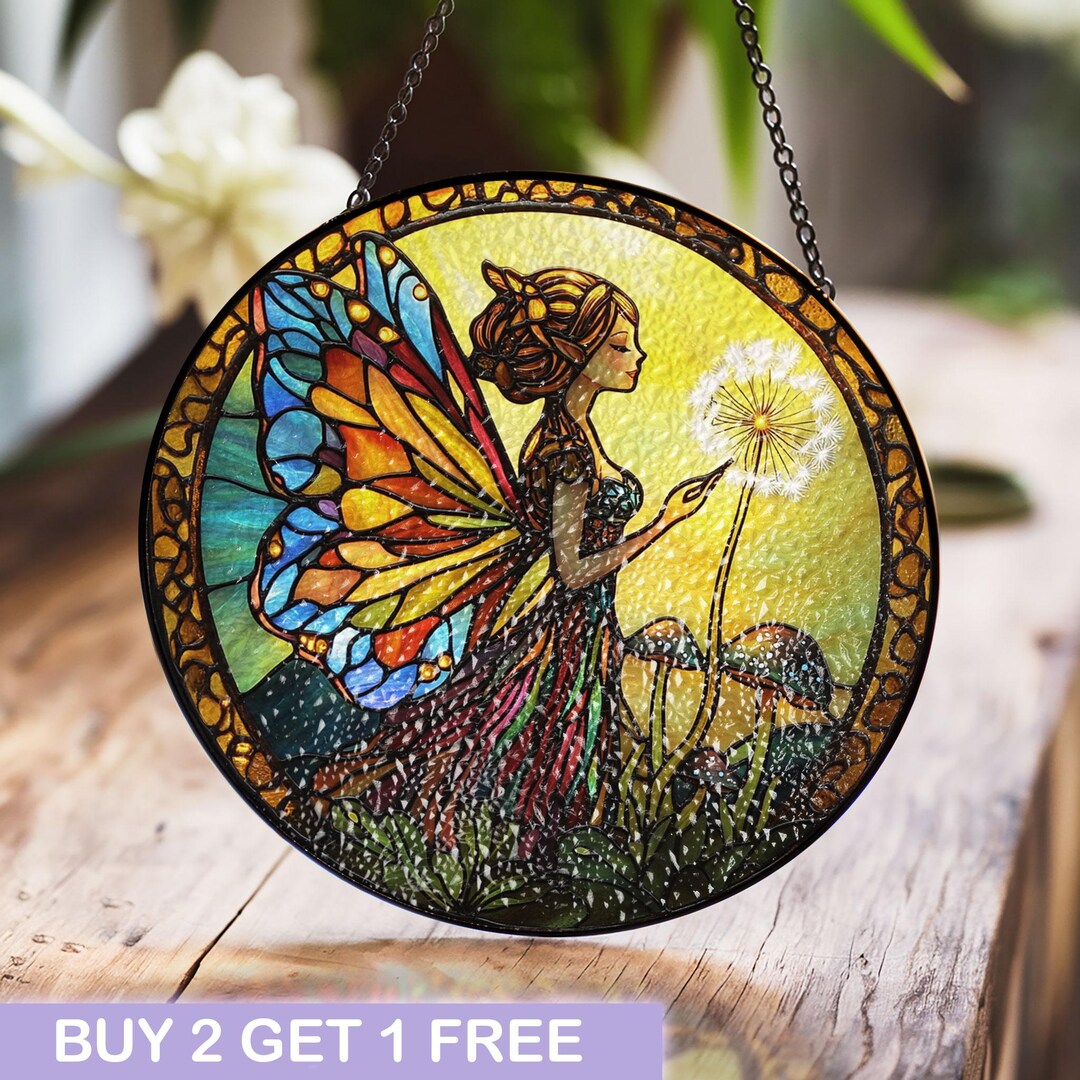 Stained Glass Fairy With Dandelion - Magical Window Art - Etsy