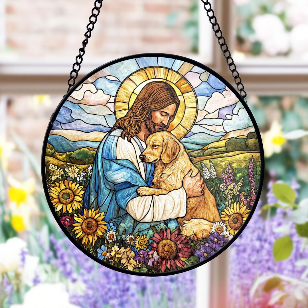 Jesus Embracing Golden Retriever Stained Glass Suncatcher, Religious ...