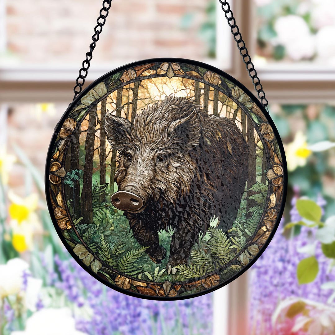 Boar Stained Glass Suncatcher, Wild Hog Forest Art for Window, Rustic ...