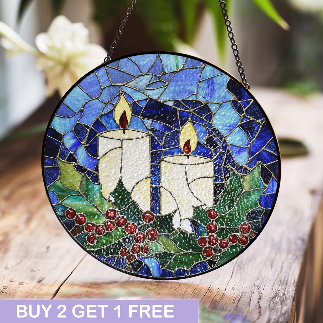Christmas Candle Stained Glass Window Hanging With Holly and Berries ...