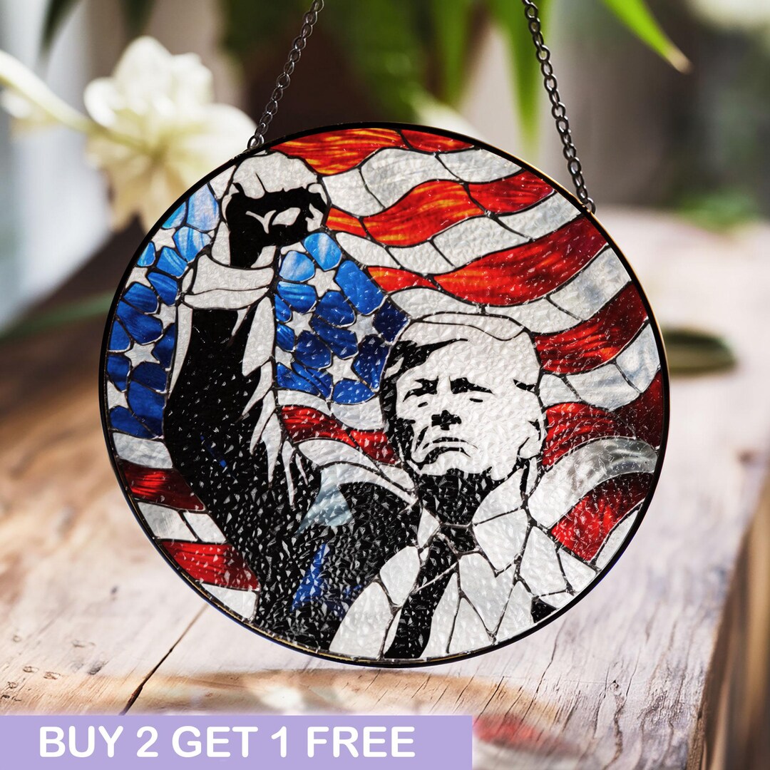 Patriotic American Leader Stained Glass Art With Raised Fist and Flag ...