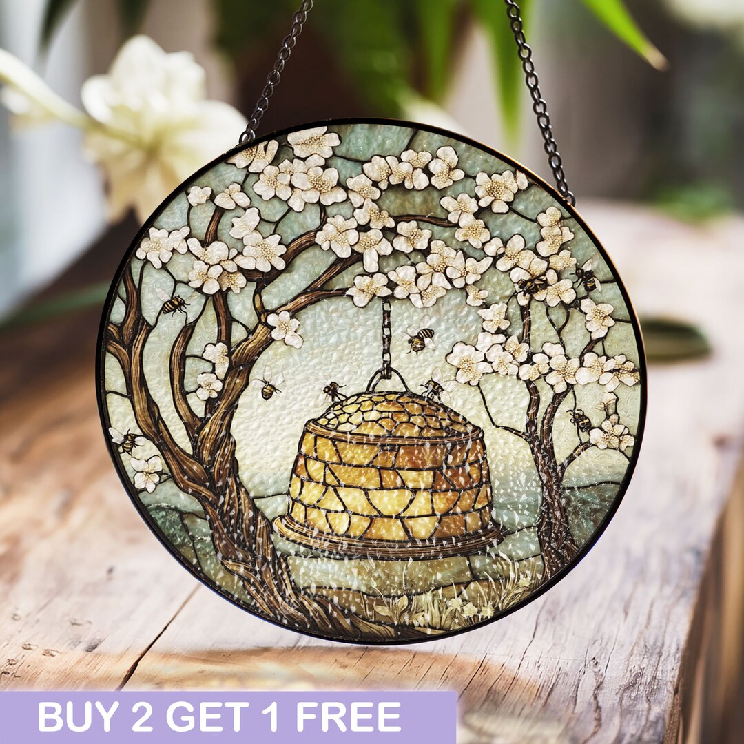 Stained Glass Hanging Beehive With Blossoms Window Hanging, Unique ...