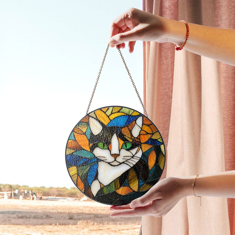 Vibrant Calico Cat Stained Glass Panel – Eye-catching Feline Decor With ...