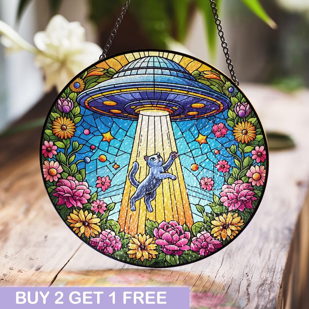 Stained Glass UFO Cat Abduction Panel – Quirky Space Art With Floral ...