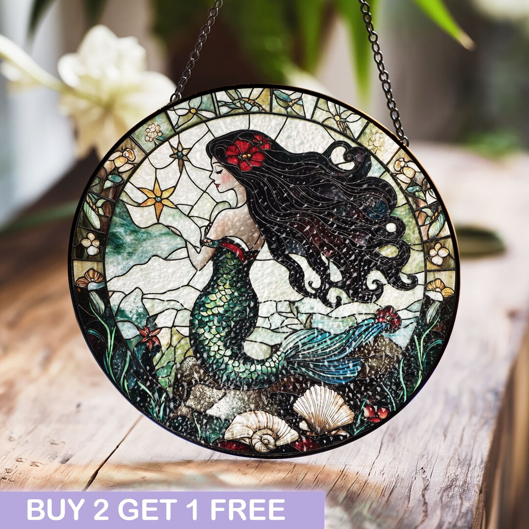 Stained Glass Mermaid With Seashells Window Hanging, Elegant Ocean ...