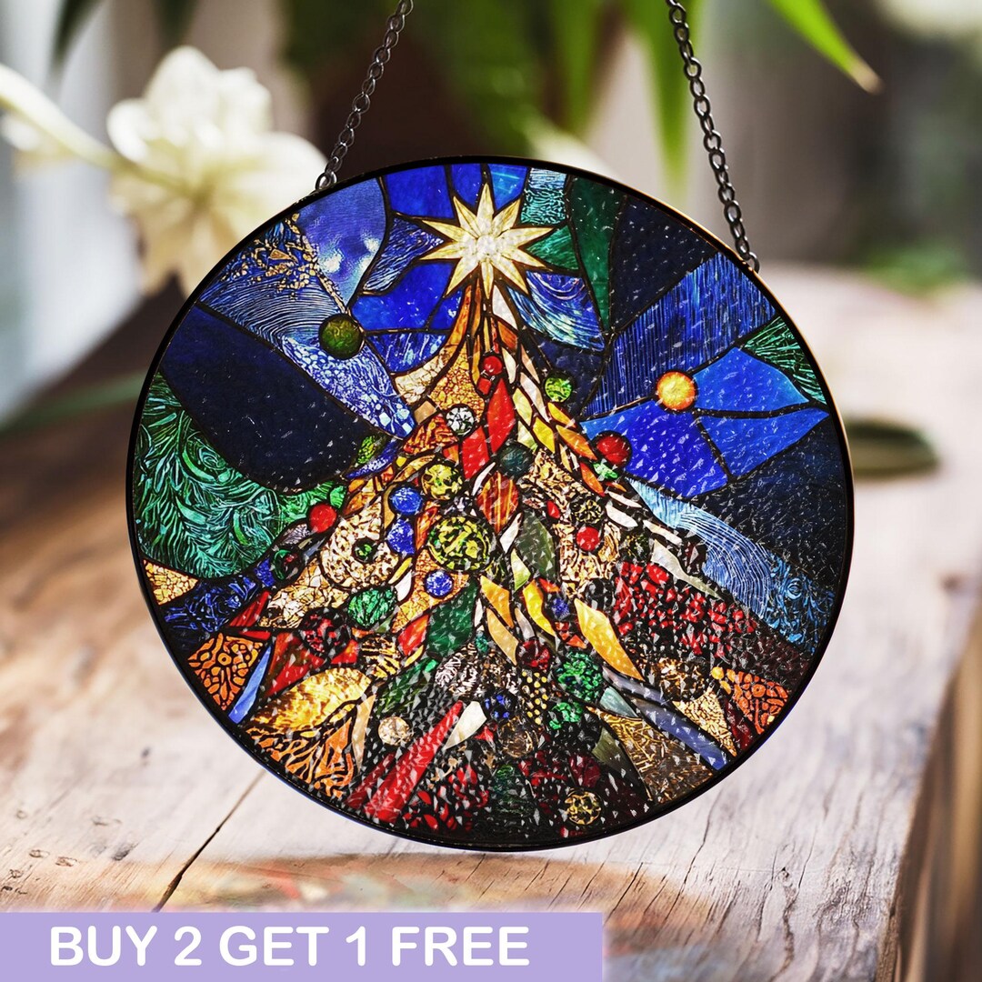 Christmas Tree Stained Glass Panel - Festive Holiday Decoration With ...