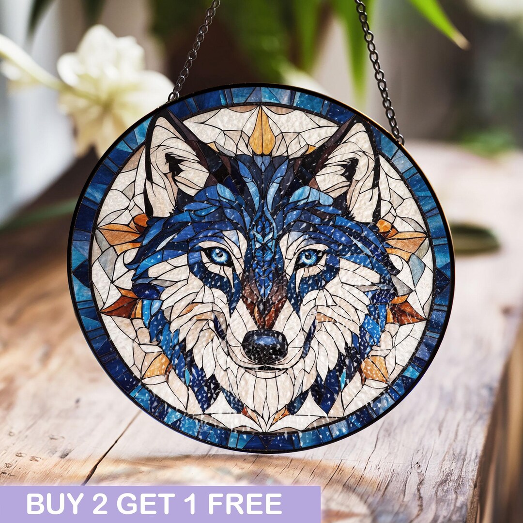 Blue Wolf Stained Glass Panel - Majestic Wildlife Art Decor - Etsy