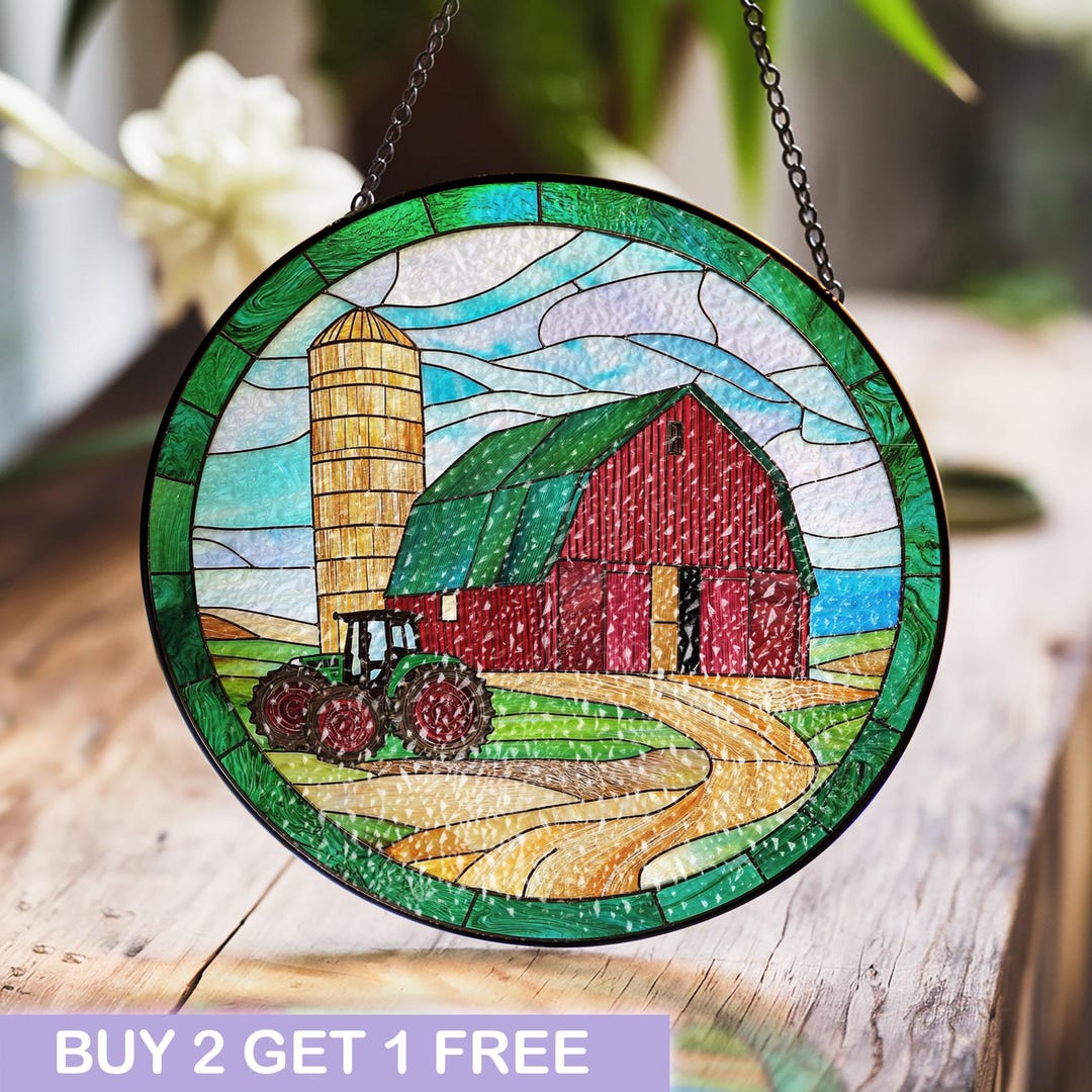 Rustic Farm Scene Stained Glass Window Hanging With Red Barn, Silo, and ...