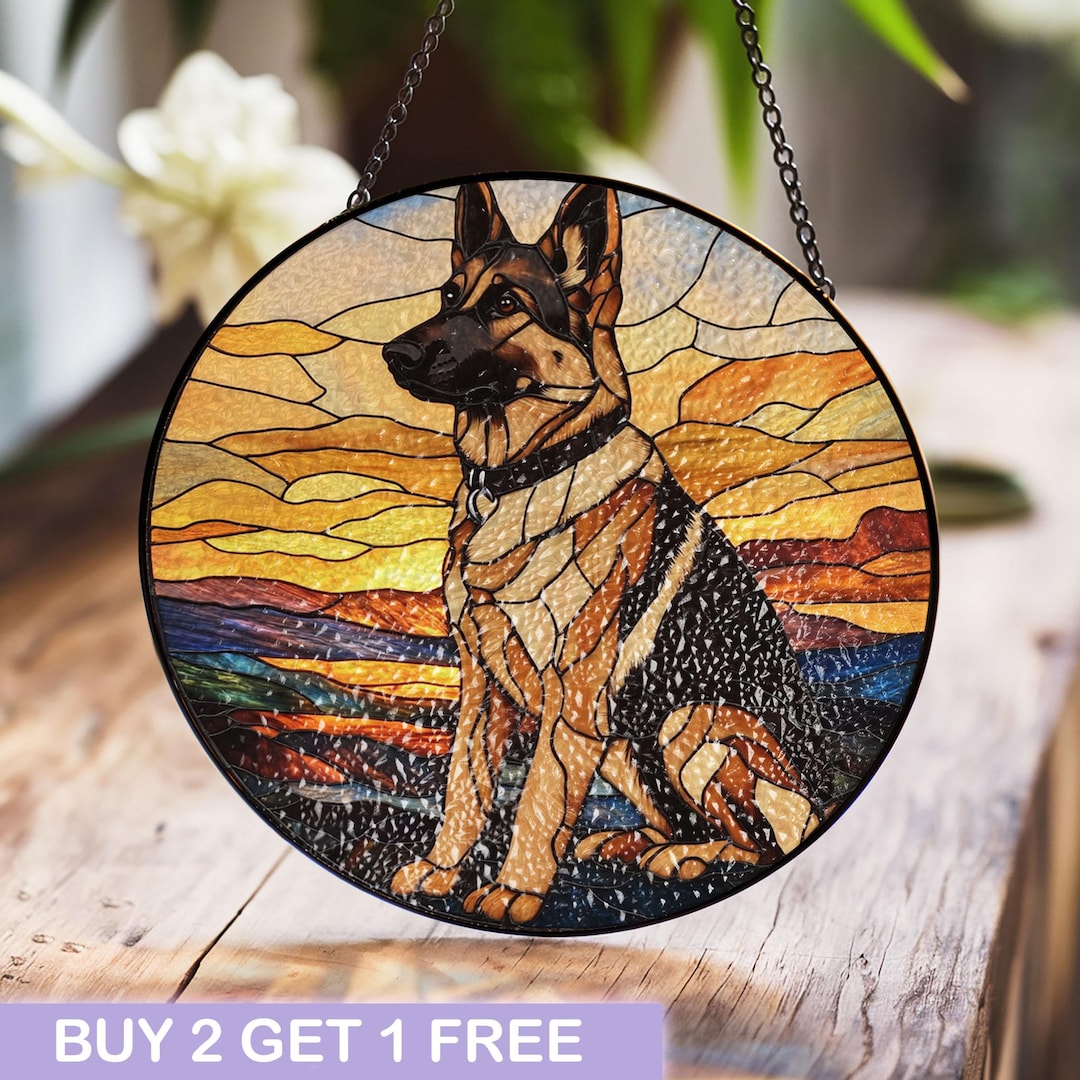 German Shepherd Stained Glass Panel - Sunset Elegance Dog Art - Etsy