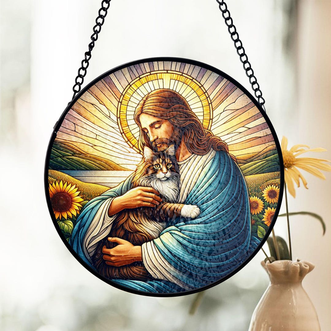 Jesus Hugging Maine Coon Cat Stained Glass Suncatcher, Pet Memorial ...