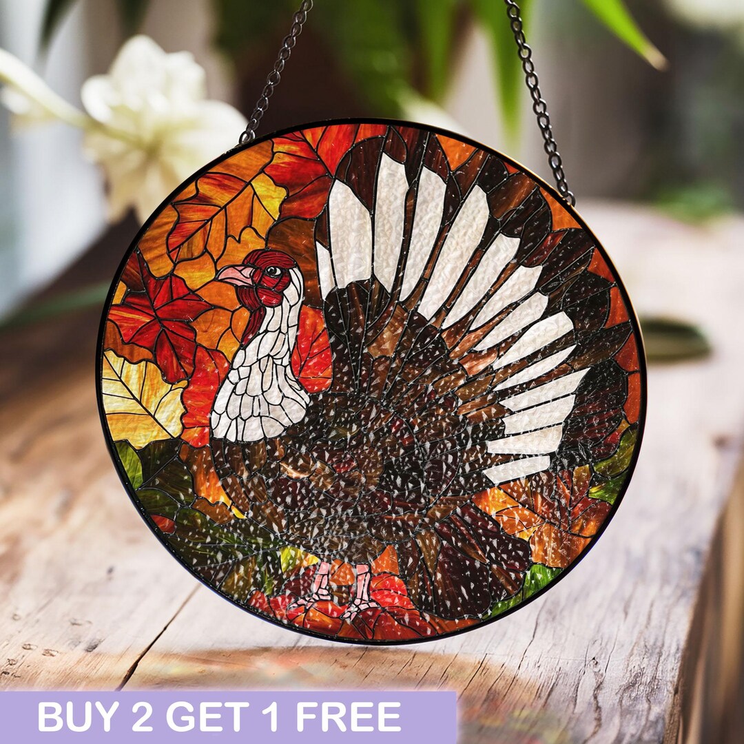 Thanksgiving Turkey Stained Glass Window Hanging With Autumn Leaves for ...