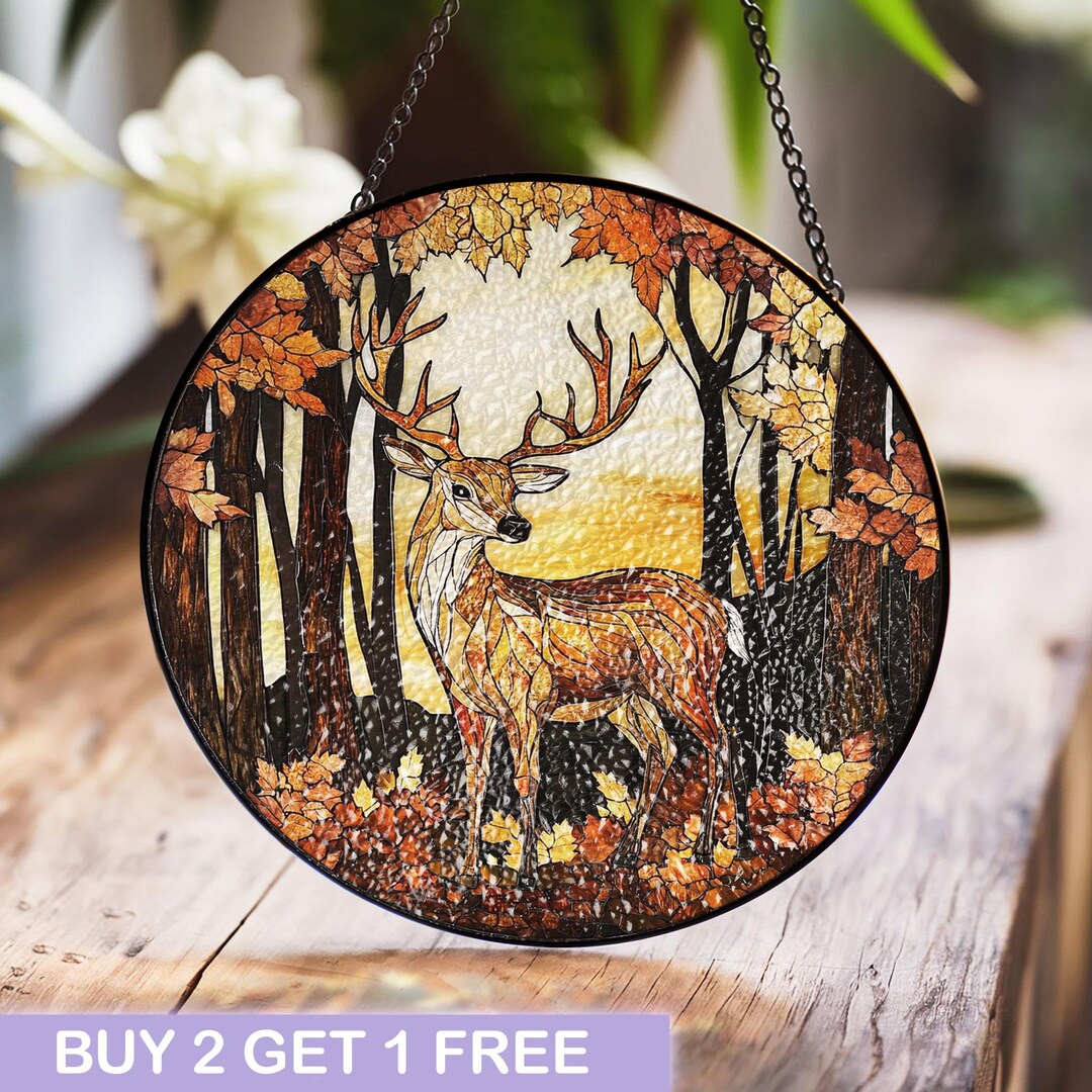 Majestic Deer Stained Glass Window Panel With Autumn Forest Scene for ...