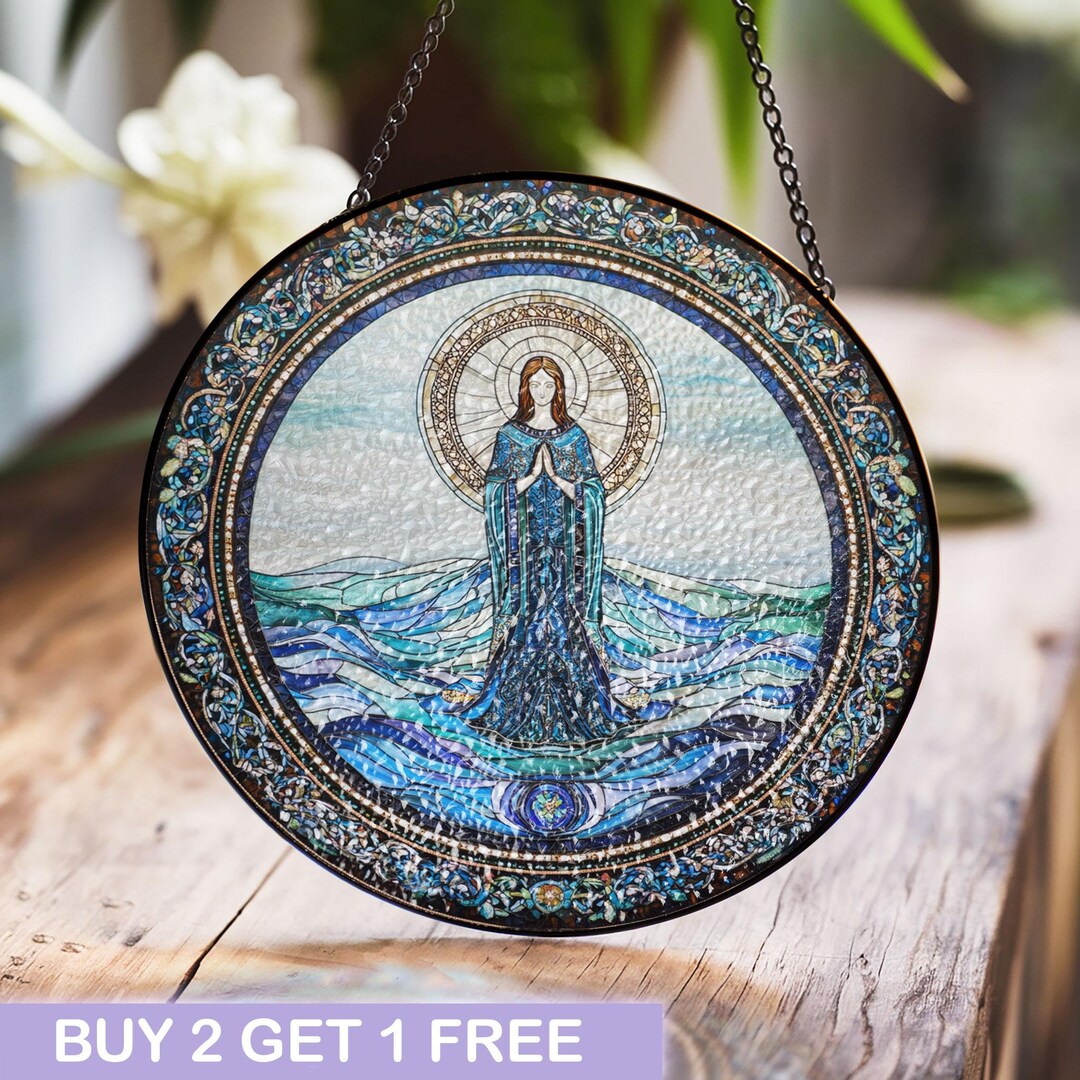 Elegant Virgin Mary Stained Glass Panel With Intricate Ocean and Halo ...