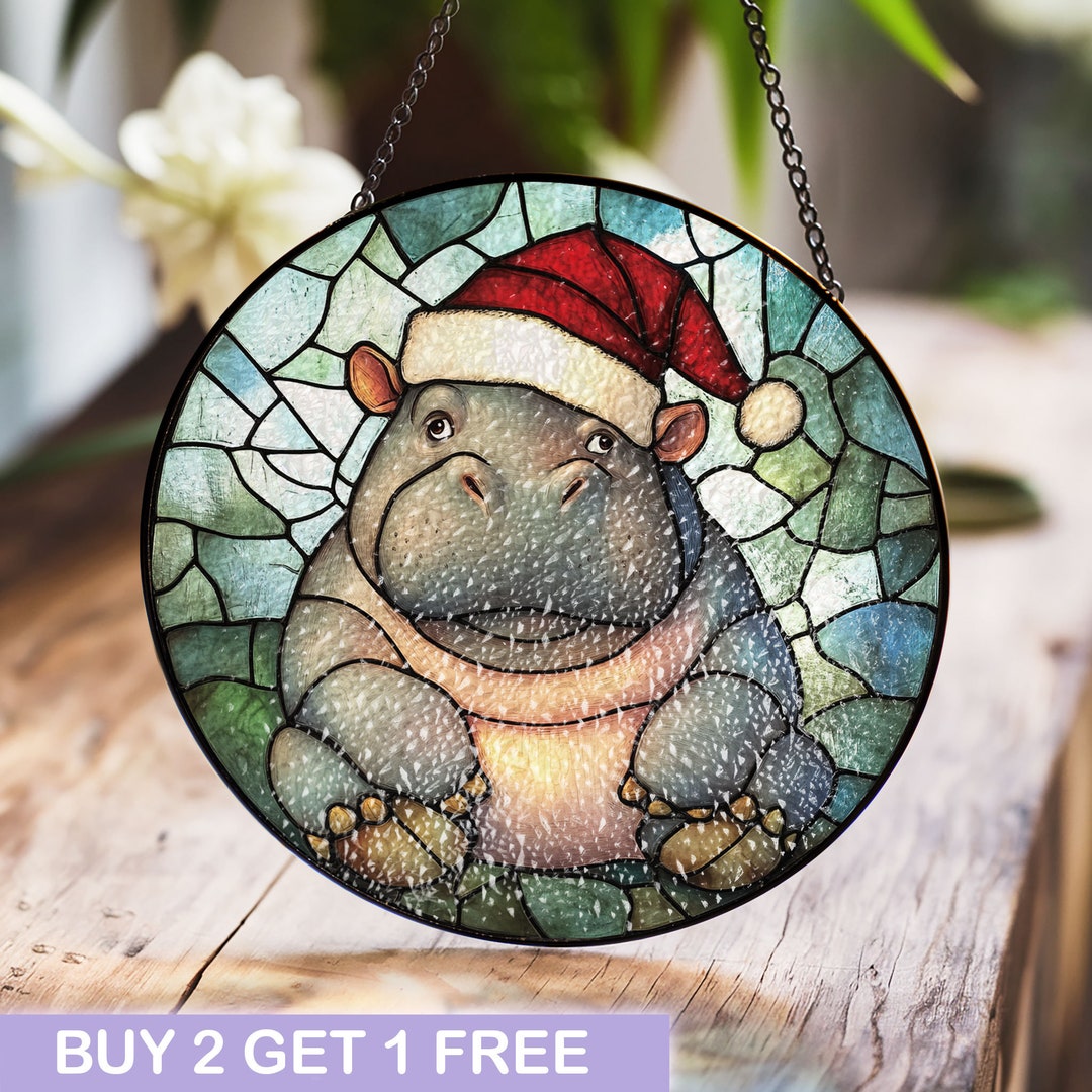 Festive Moo Deng Hippo Stained Glass Window Hanging – Perfect Holiday ...
