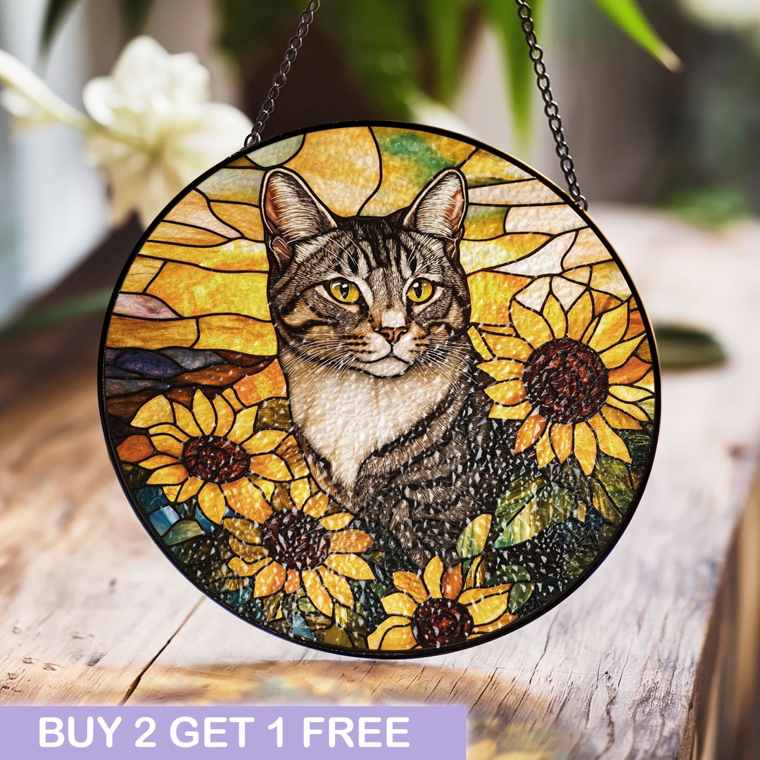 Sunflower and Tabby Cat Stained Glass Art - Bright and Warm Feline ...