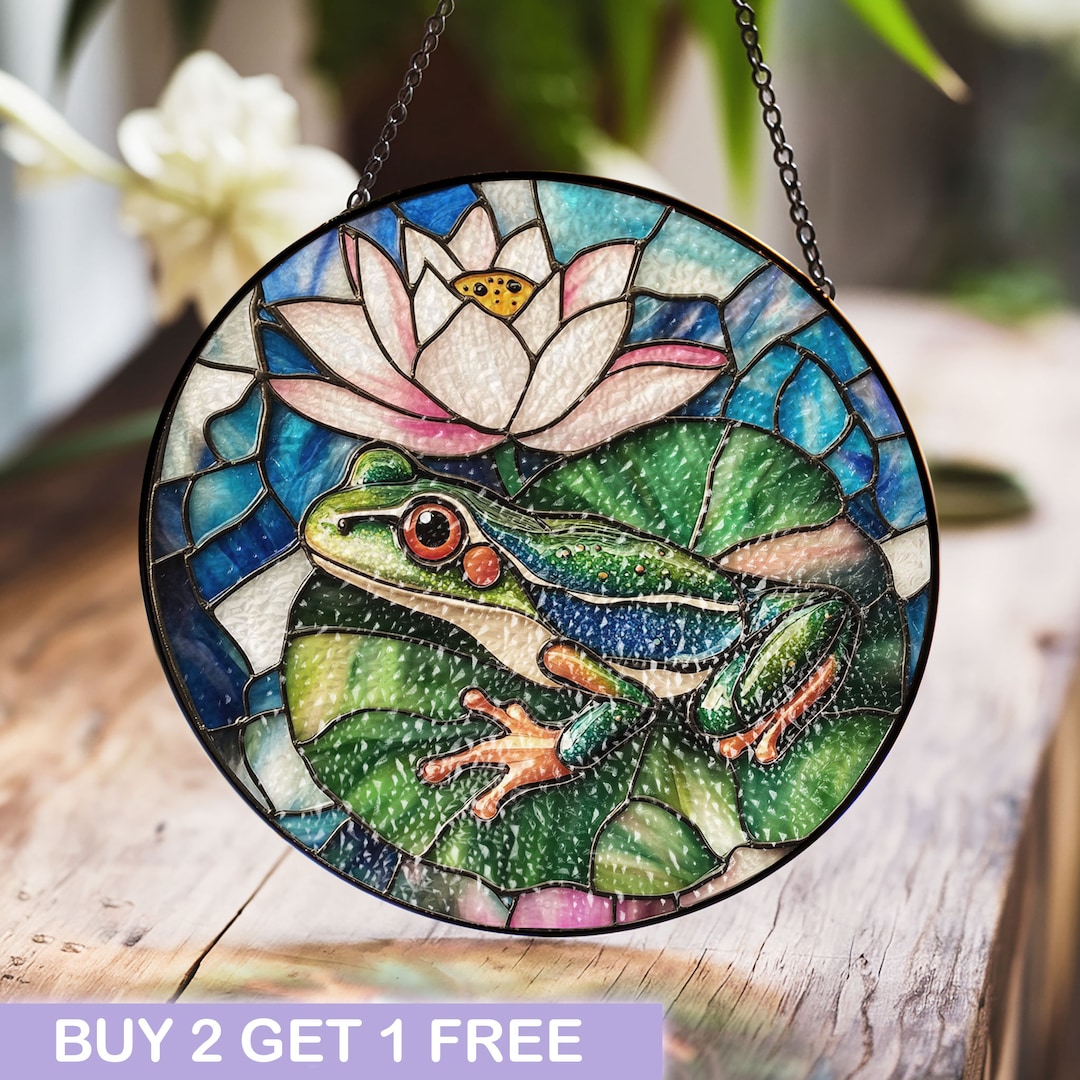 Stained Glass Frog and Lotus Flower Window Hanging, Unique Nature ...