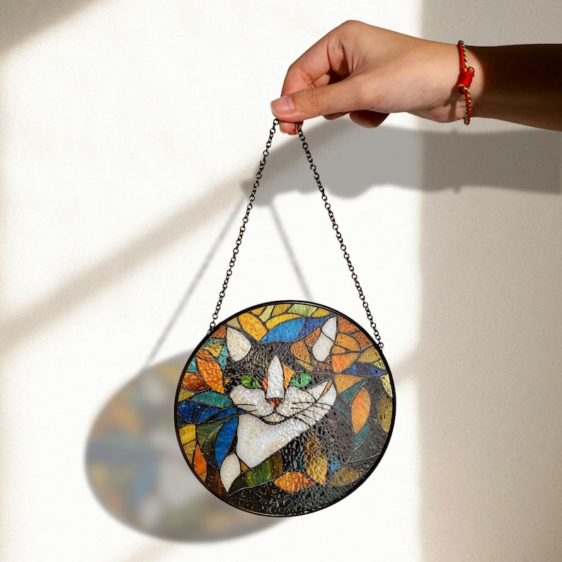 Vibrant Calico Cat Stained Glass Panel Eye-catching Feline Decor With ...
