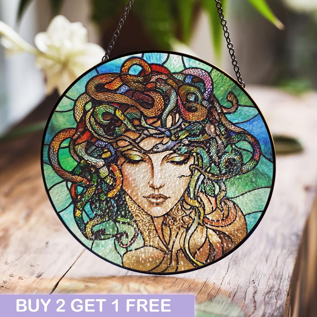 Medusa Stained Glass Window Panel With Vibrant Snakes Design, Mythical ...
