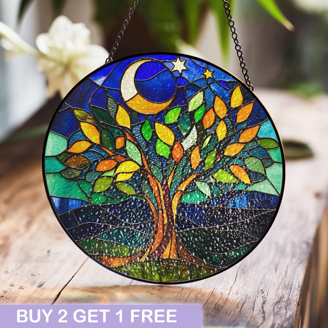 Colorful Tree of Life With Moon and Stars Stained Glass Window Hanging ...