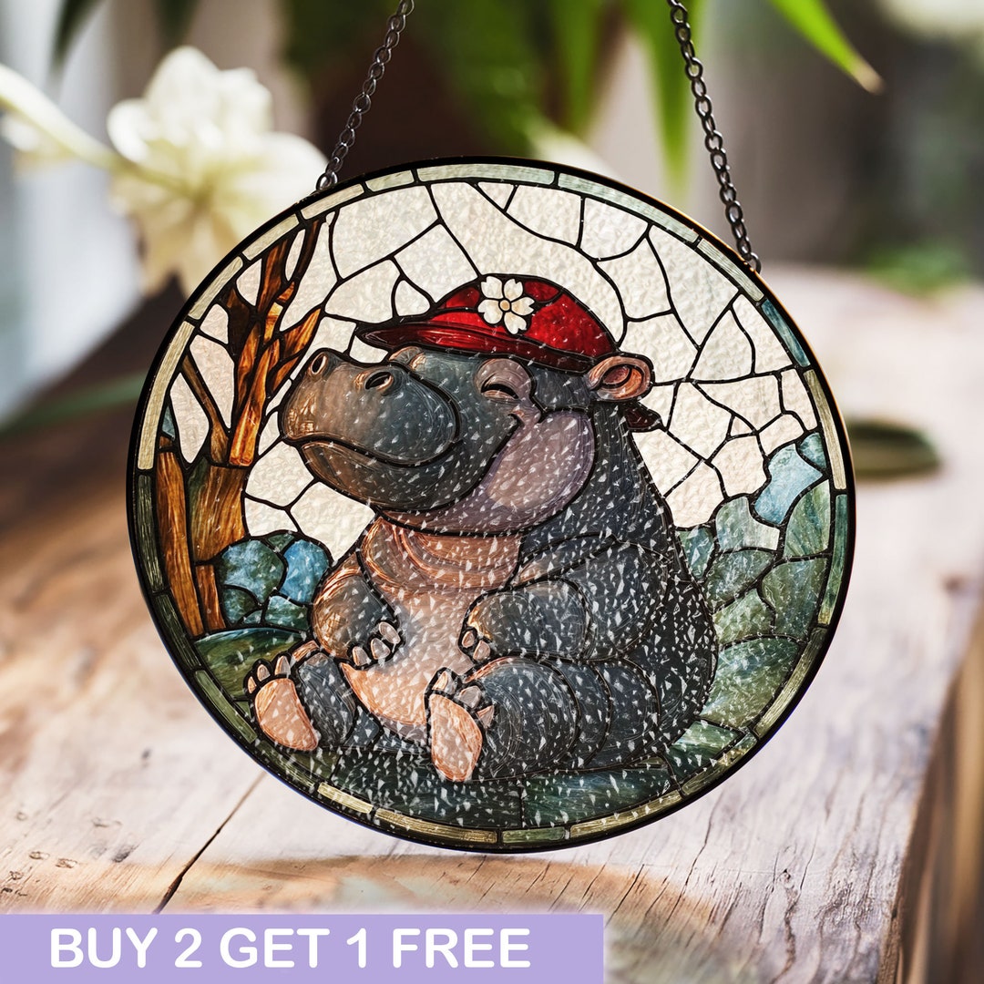 Joyful Moo Deng Hippo Stained Glass Window Hanging – Perfect Gift for ...