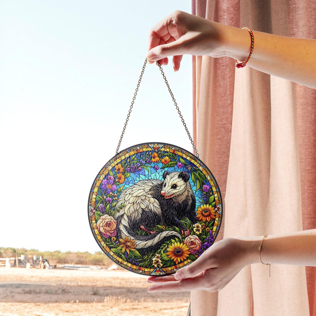 Opossum Stained Glass Panel, Floral Wildlife Art, Window Decor, Nature ...