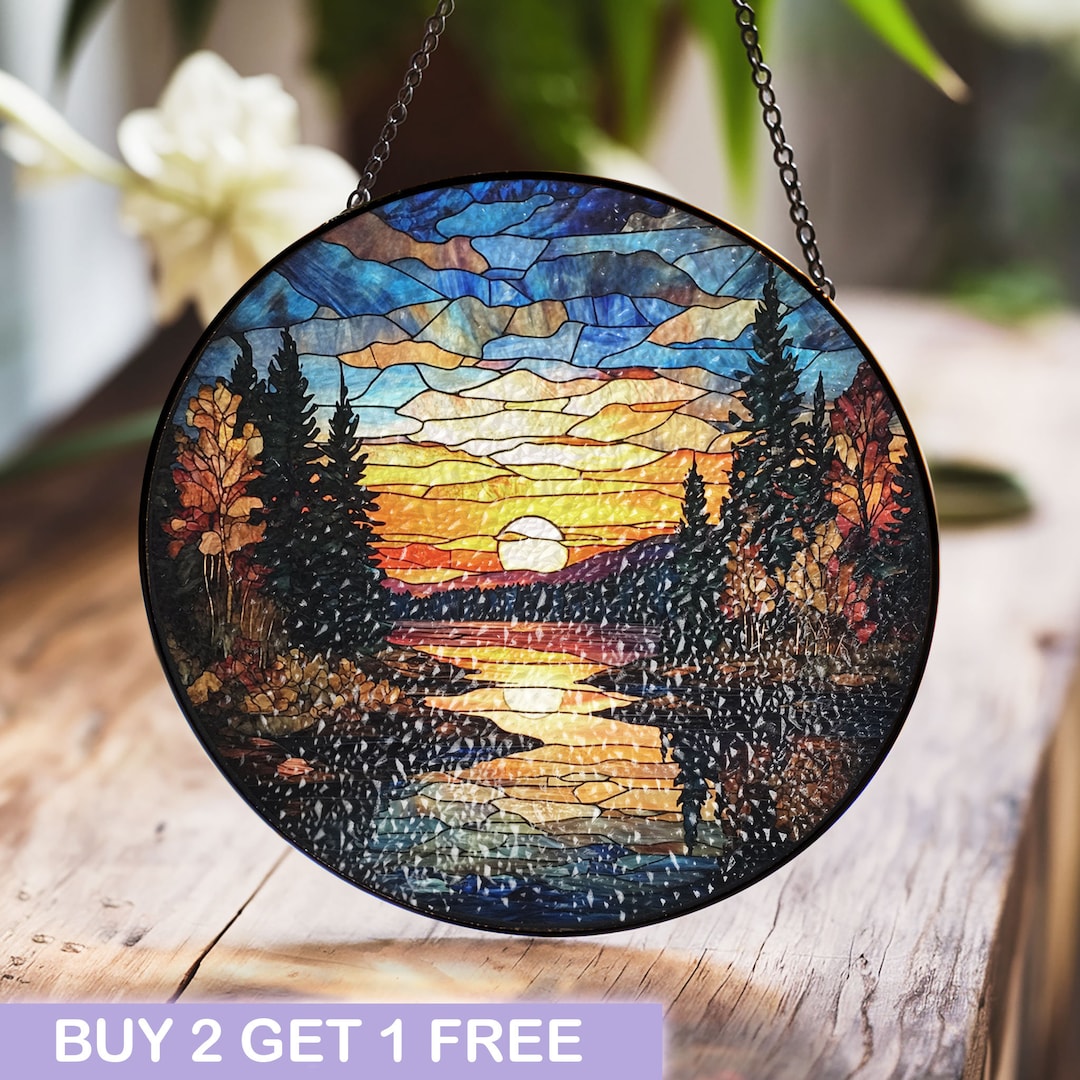 Vibrant Sunset Stained Glass Panel With Forested Lake Scene – Ideal ...