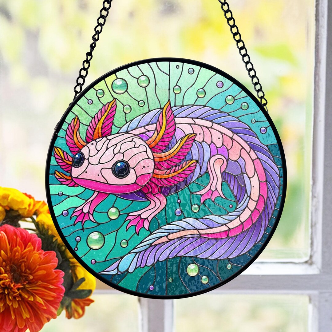 Axolotl Stained Glass Suncatcher, Cute Aquatic Decor, Fantasy Stained ...