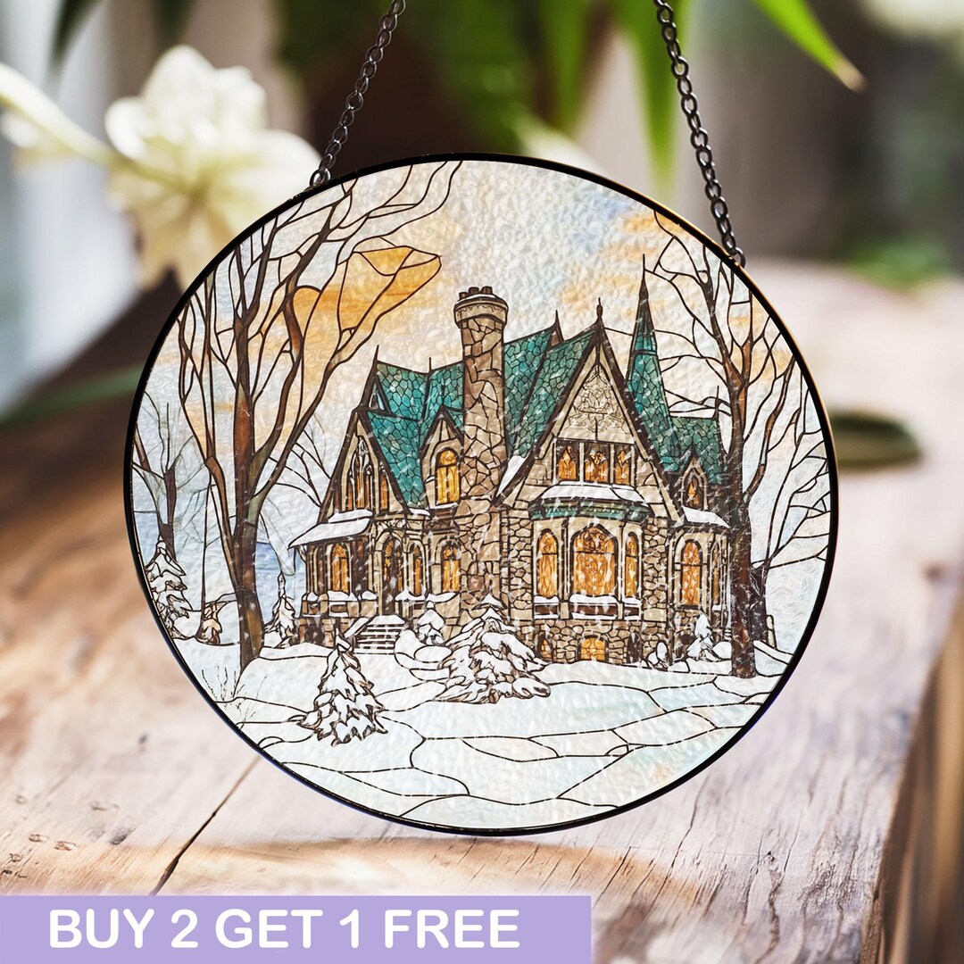 Winter Cottage Stained Glass Design - Cozy Snowy Landscape Circular ...