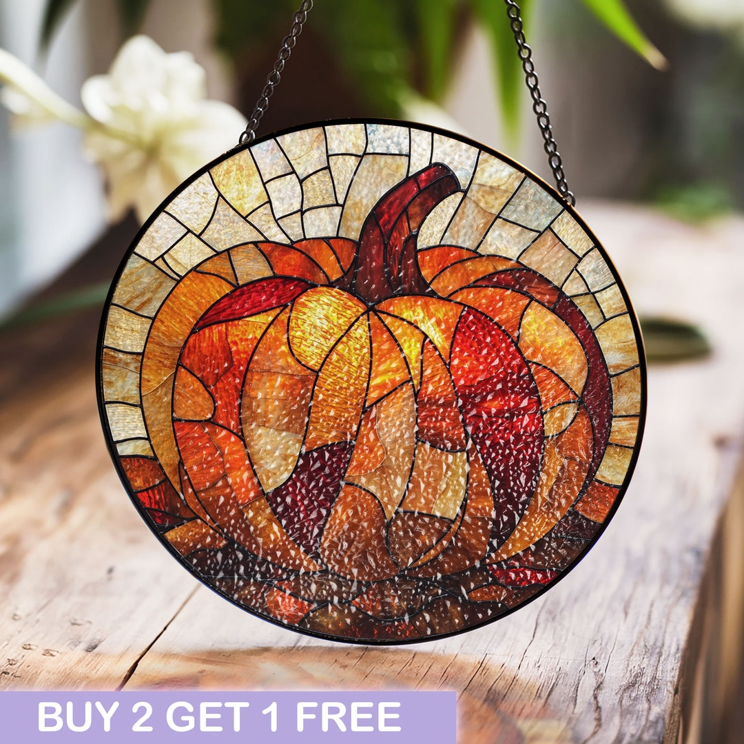 Stained Glass Pumpkin Suncatcher – Autumn-themed Window Hanging Art for ...