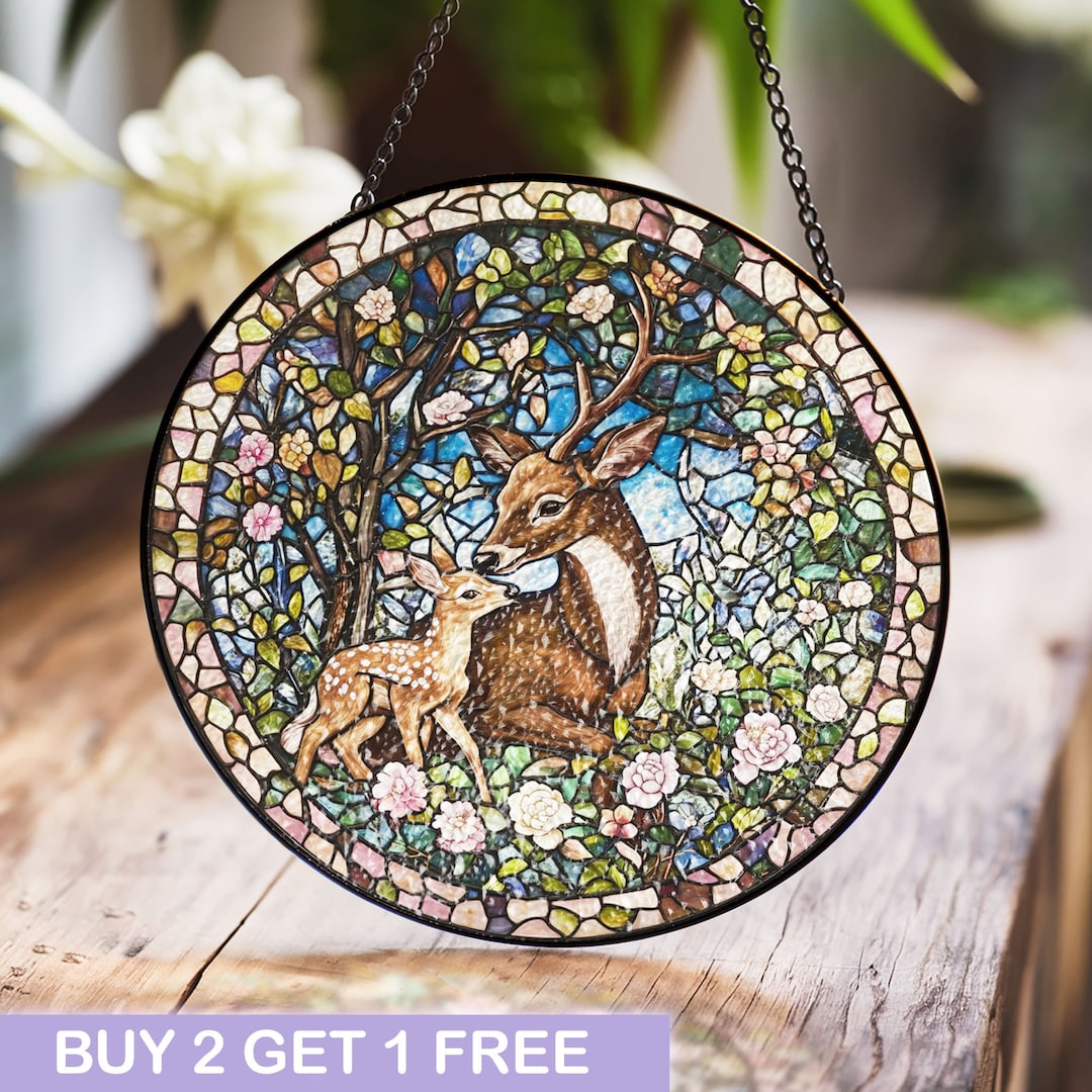 Deer and Fawn Stained Glass Suncatcher, Nature Inspired Window Art ...