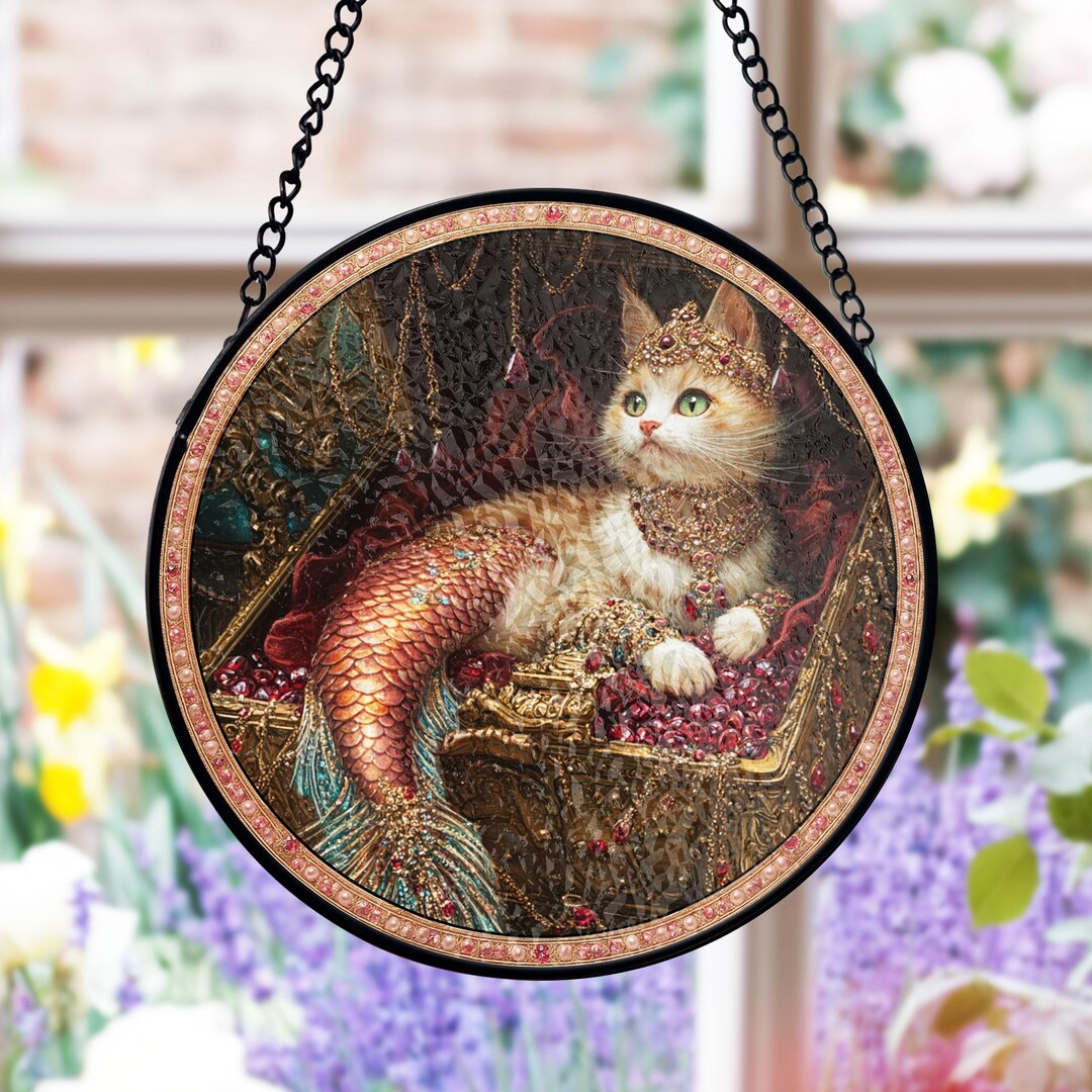 Mermaid Cat Stained Glass, Fantasy Suncatcher Art Panel, Cute Nautical ...